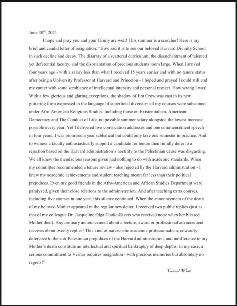 Cornel West publishes his letter of resignation to his Harvard dean